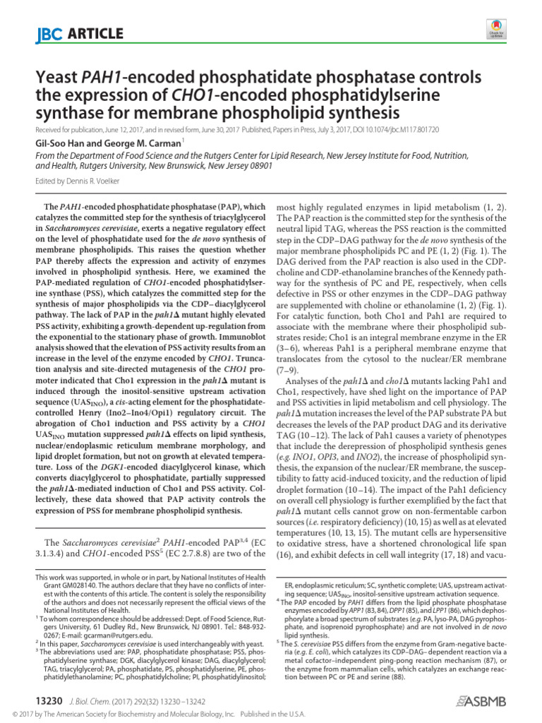 Yeast PAH1-encoded Phosphatidate Phosphatase Controls The Expression of ...