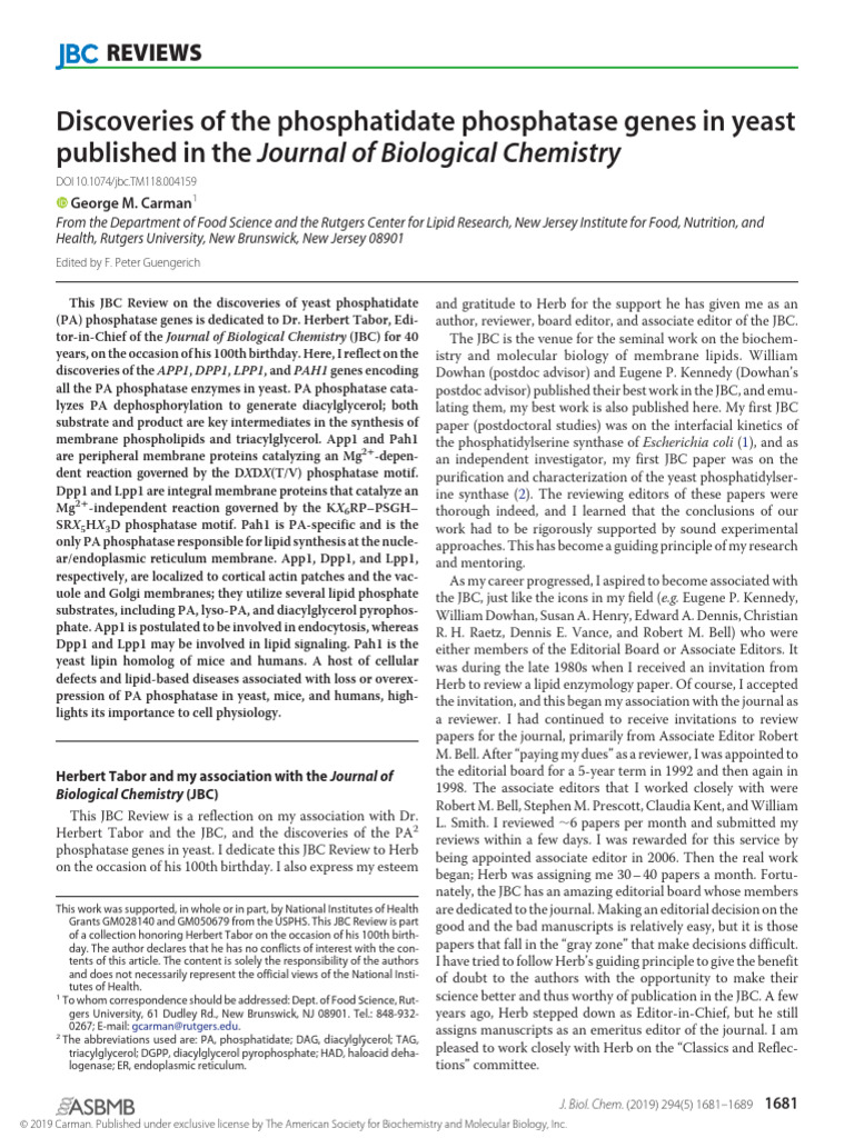 Discoveries of The Phosphatidate Phosphatase Genes in Yeast Published ...