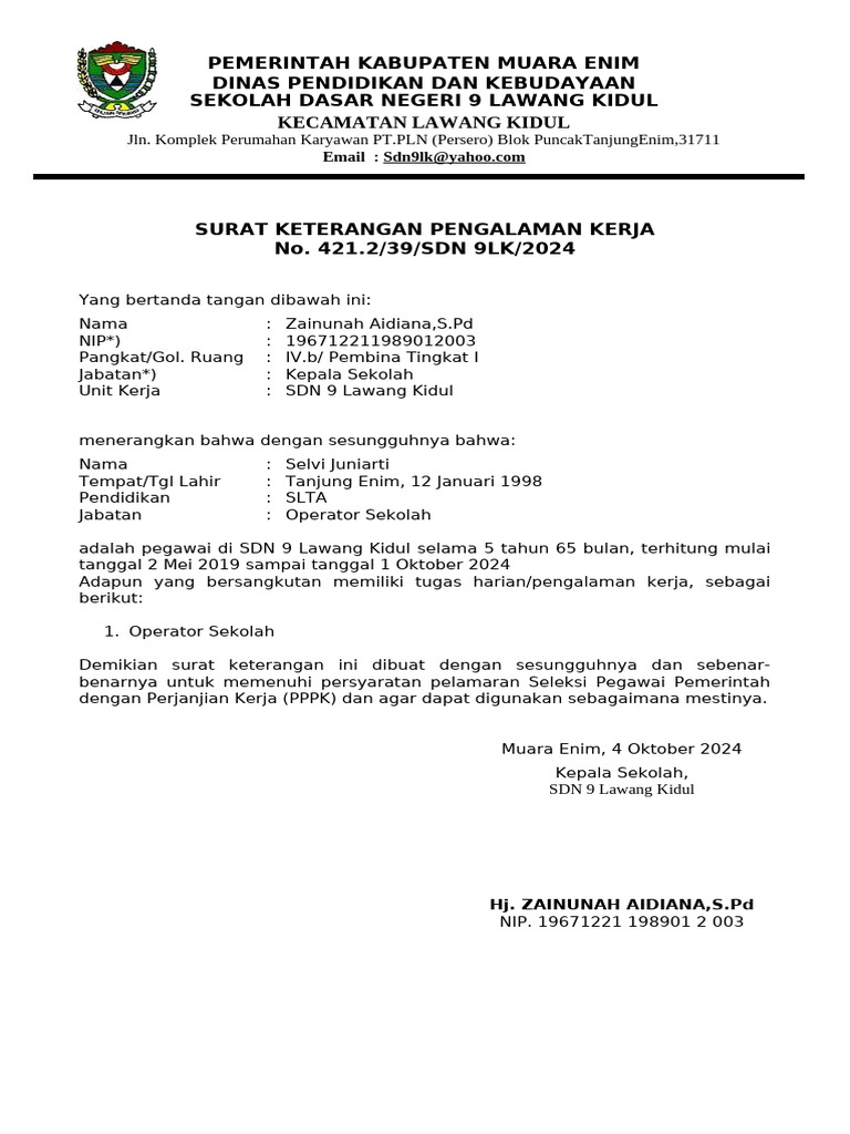 Format Surat Keterangan Pengalaman Kerja PPPK 2024 | PDF
