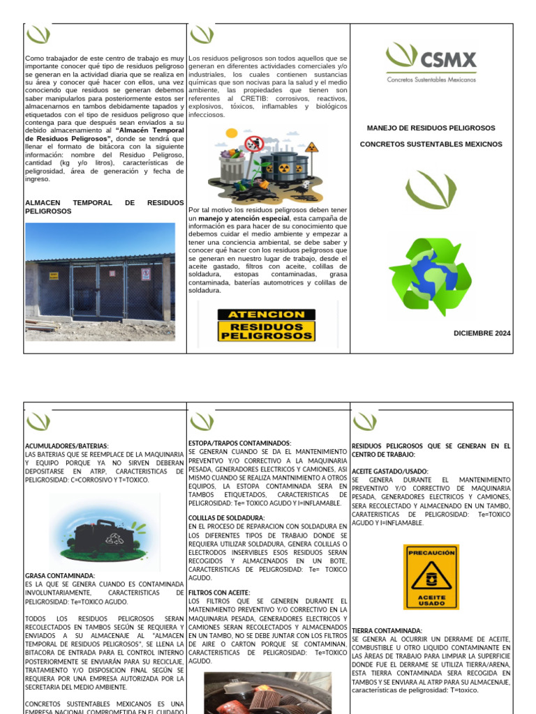 TRIPTICO MANEJO DE RESIDUOS PELIGROSOS | PDF | Residuos | Contaminación