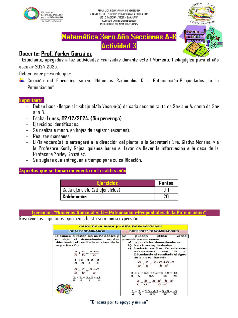 Actividad 3 Matematica 3ero A-B Yorley Gonzalez | PDF | Matemáticas