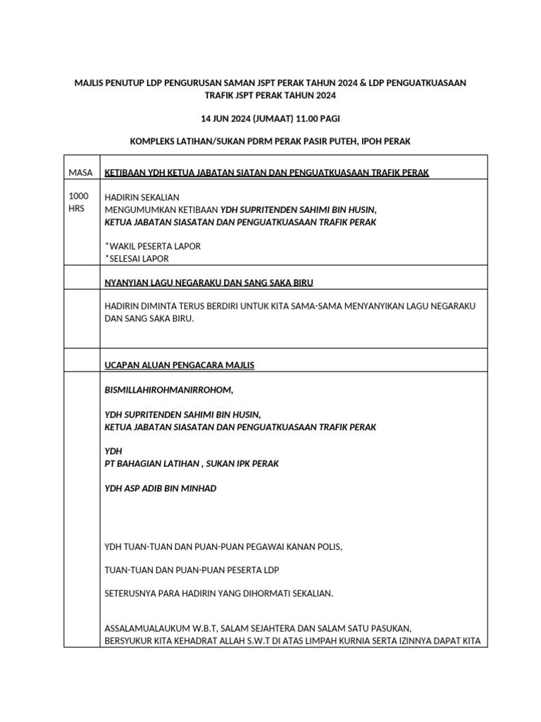 Teks Pengacara Majlis Penutupan LDP Pengurusan Saman Siri 1 2024 | PDF