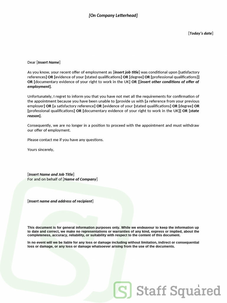Letter Withdrawing A Conditional Offer of Employment | PDF