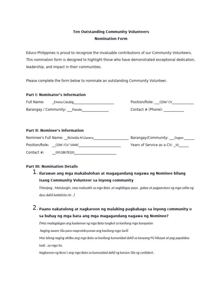 Nomination Form For The Ten Outstanding | PDF
