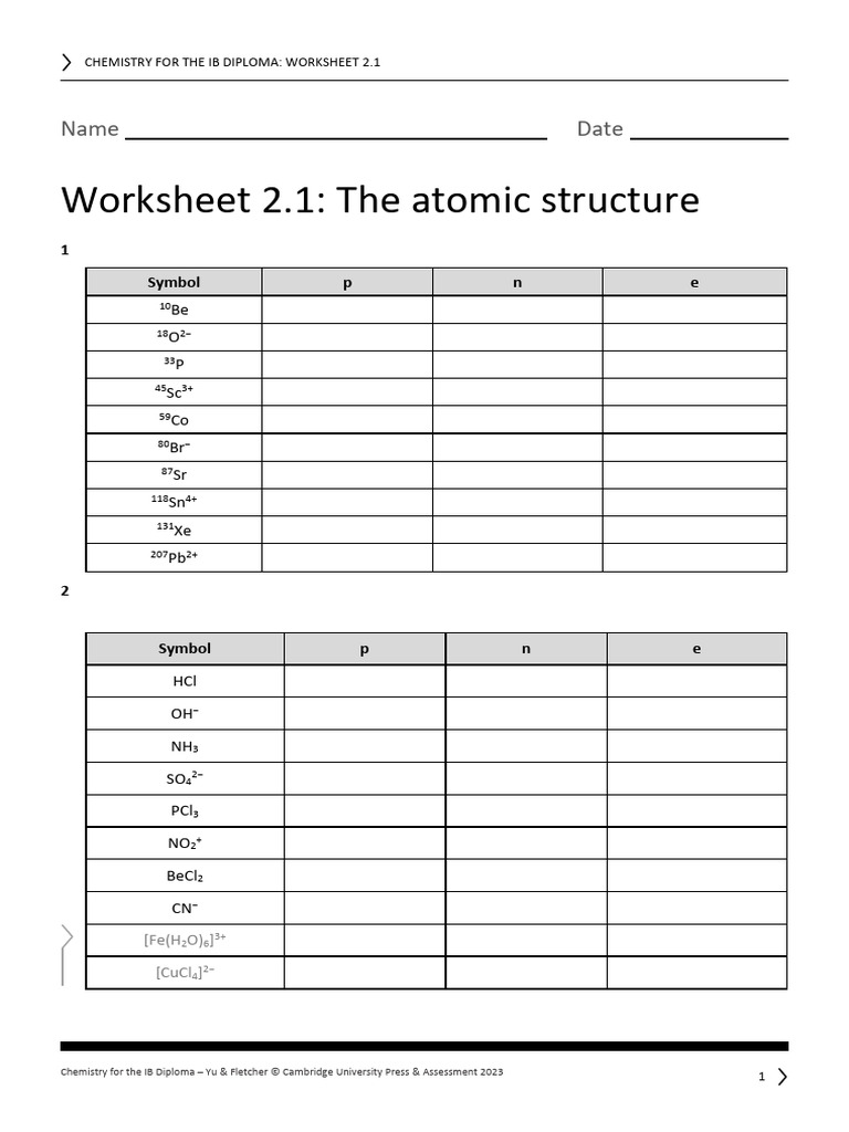 Atomic Structure Worksheet for IB Chemistry | PDF