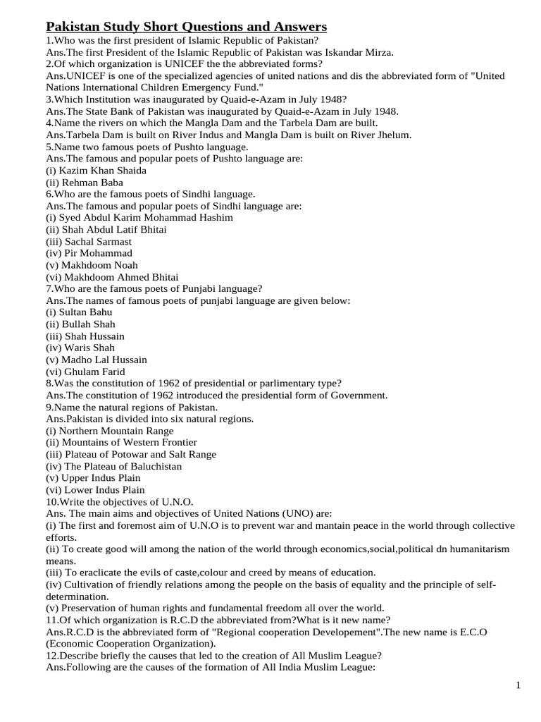 Pakistan Study Q&A Guide | PDF | Partition Of India | Caliphate