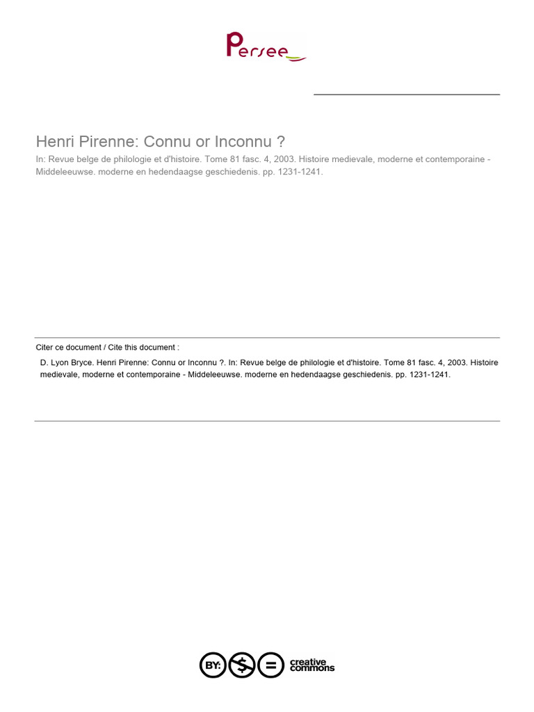 LYON, Bryce, Henri Pirenne Connu or Inconnu | PDF | Liberal Arts Education
