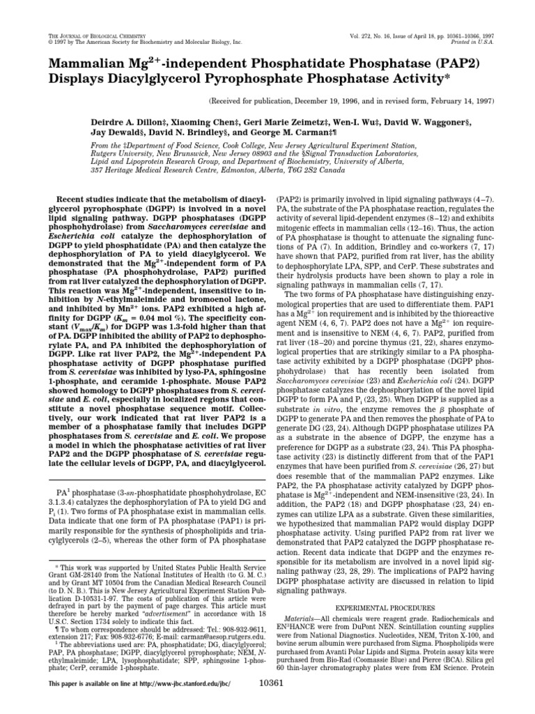 Mammalian Mg21-Independent Phosphatidate Phosphatase (PAP2) | PDF ...