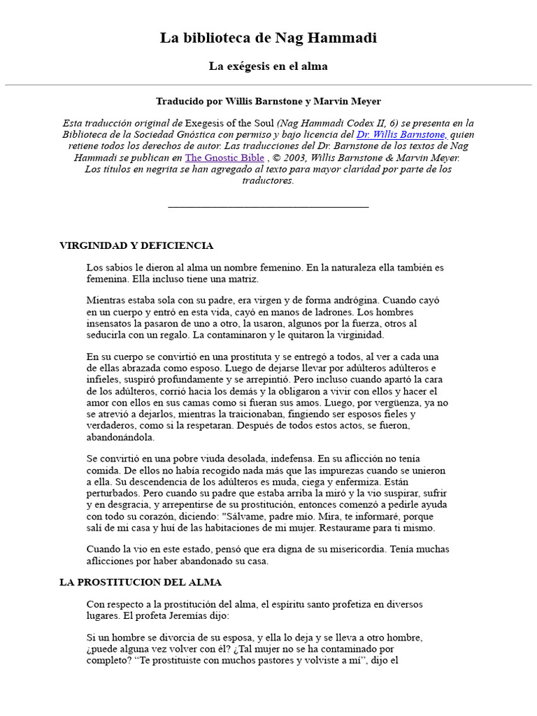 La Exegesis en El Alma - Biblioteca Nag Hammadi | PDF | Prostitución | Salvación