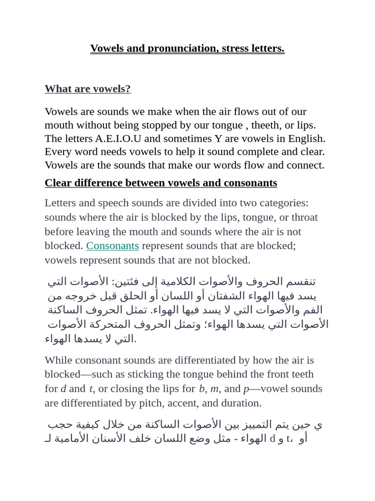 Vowels and Pronunciatio, Stress Letters | PDF | Stress (Linguistics ...