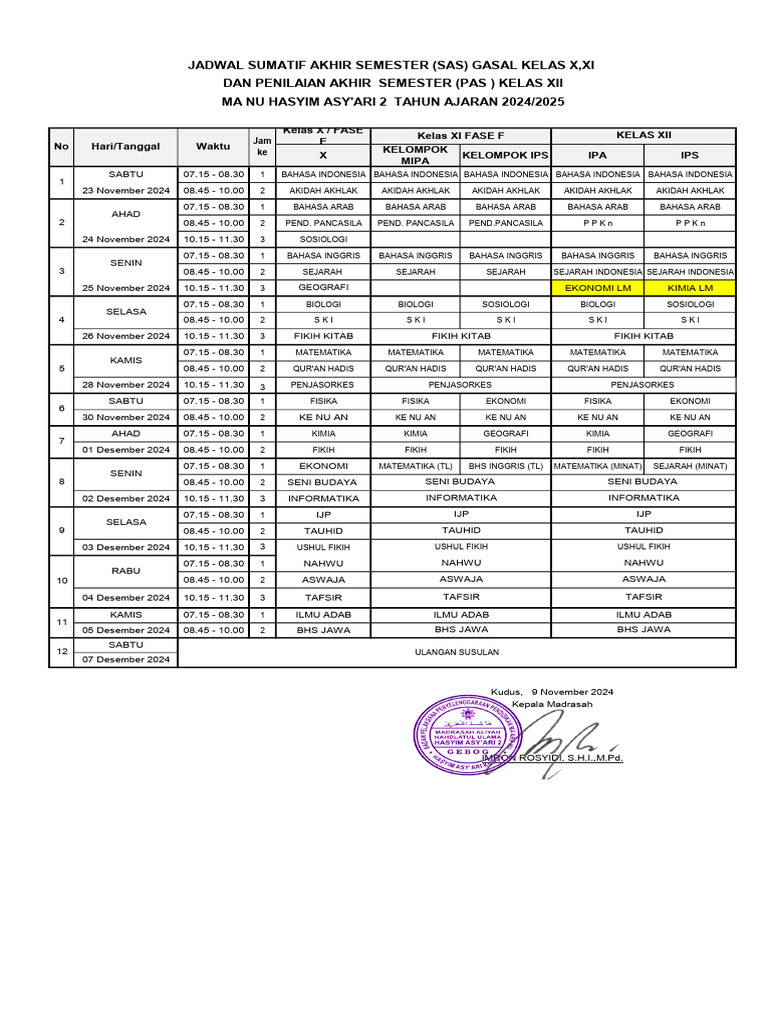 Rev Jadwal Mapel Sas | PDF