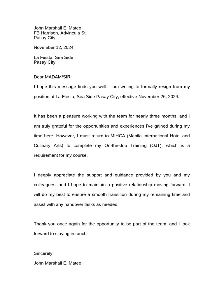 Resignation Letter from La Fiesta, Pasay City | PDF