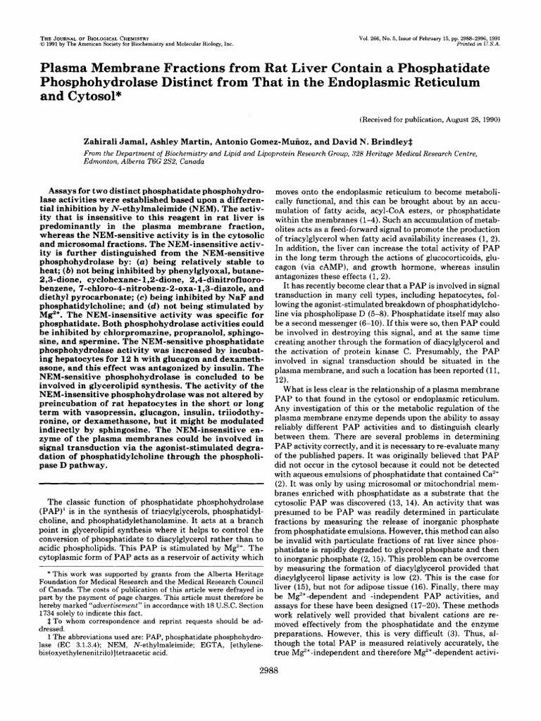 Plasma Membrane Fractions From Rat Liver Contain A Phosphatidate ...