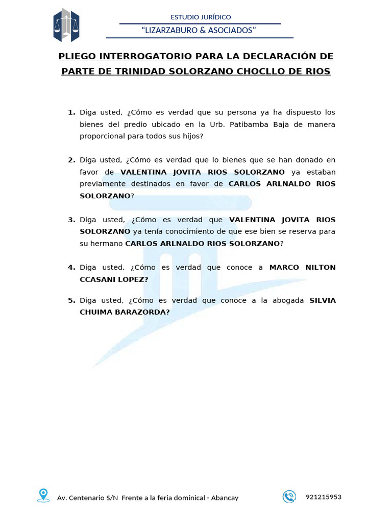 Pliego Interrogatorio para La Declaración de Parte | PDF