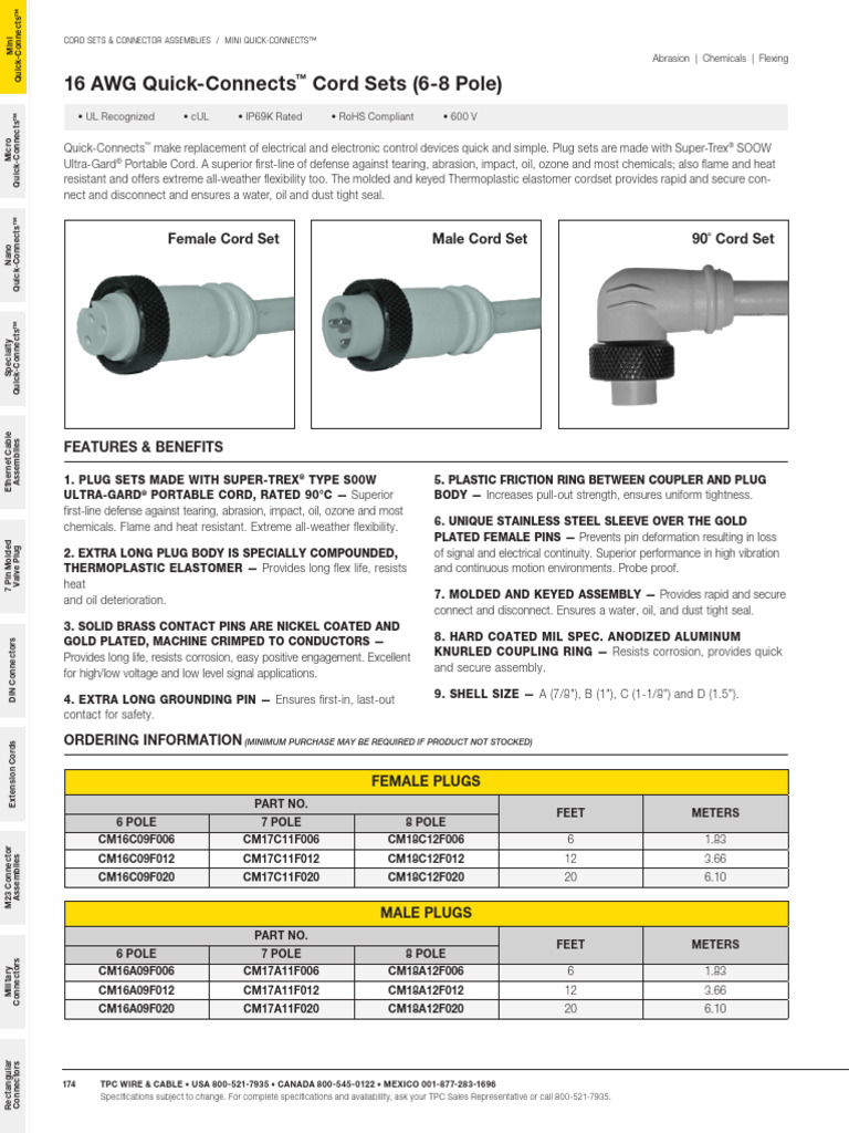 16awg Quick Connect Cord Sets 6 8 Pole | PDF | Electrical Connector ...