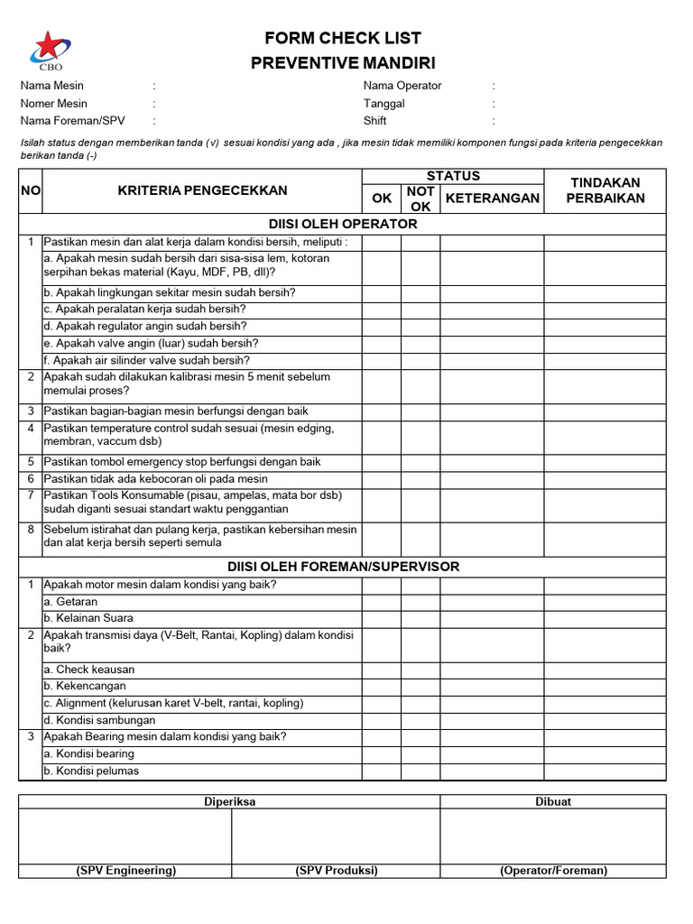 Form Checklist Pemeliharaan Mesin | PDF