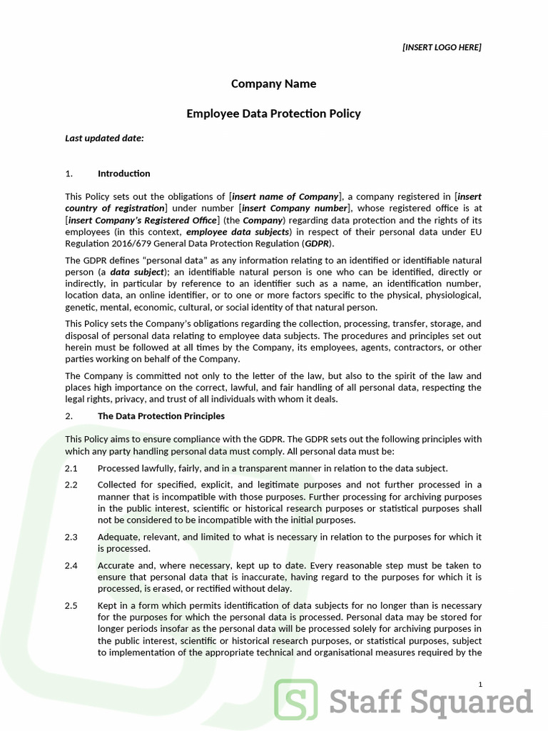 Employee Data Protection Policy GDPR Compatible | PDF | Password | Computer Network