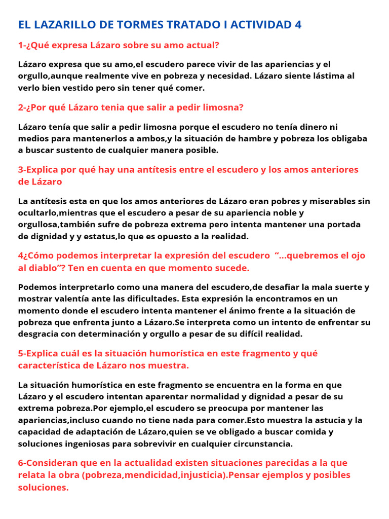 El Lazarillo de Tormes Tratado I Actividad 4 | PDF | Pobreza | Pobreza ...