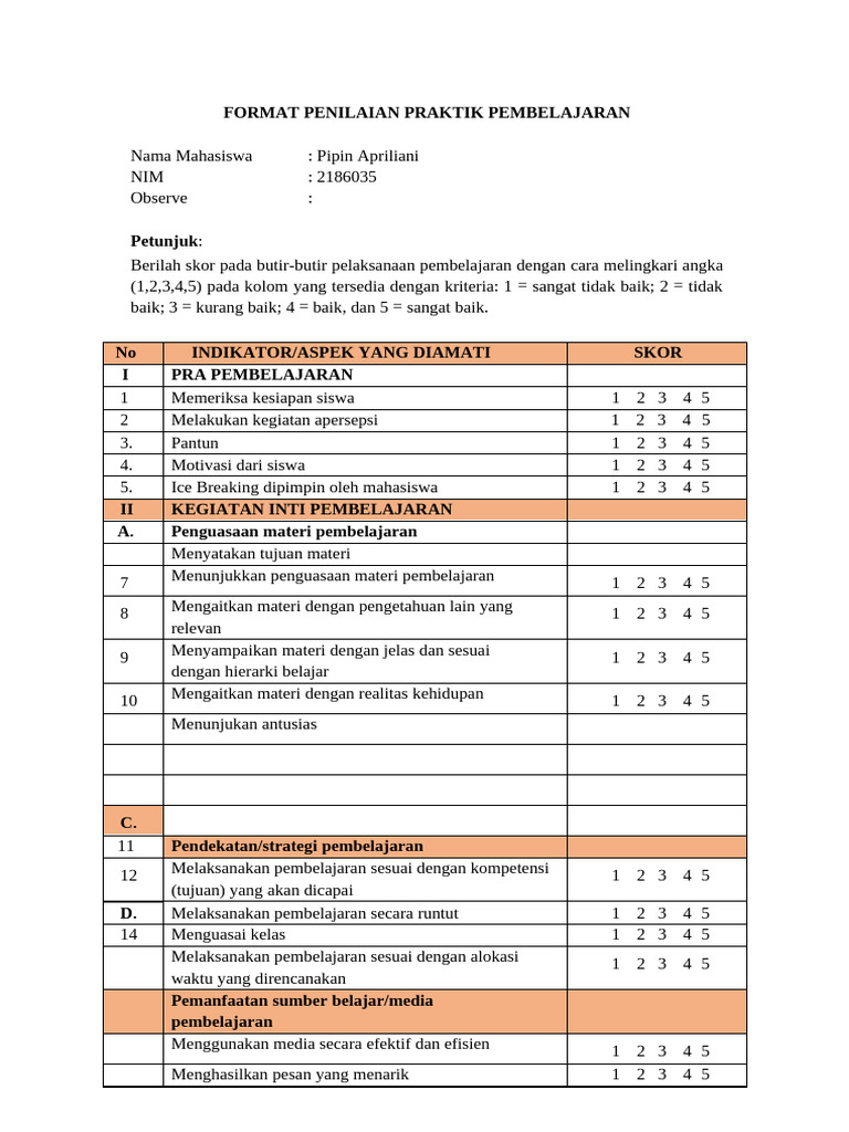 Format Penilaian Praktik Pembelajaran | PDF