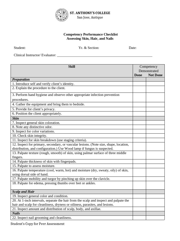 Assessing Skin, Hair and Nails Checklist (PEER ASSESSMENT) | PDF | Hand ...