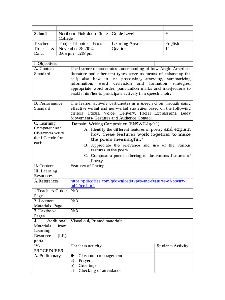 Final Detailed Lesson Plan | PDF | Poetry | Rhyme