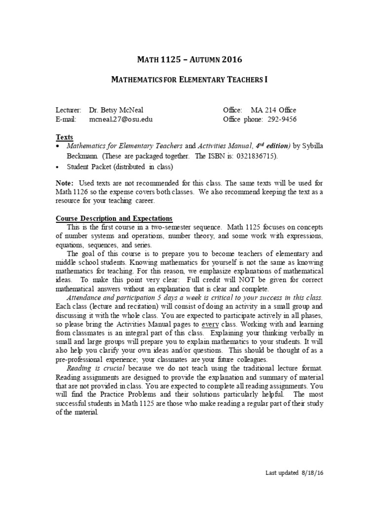 Math 1125 Syllabus Au16 | PDF | Mathematics | Academic Dishonesty
