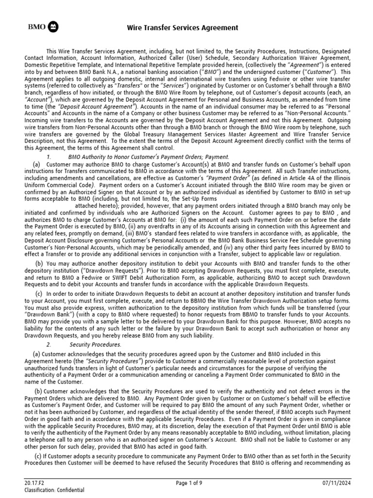 Wire Transfer Services Agreement - BMO Bank N.A | PDF | Overdraft ...