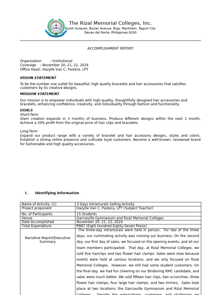 Rizal Memorial Colleges Accomplishment Report | PDF | Business Process ...