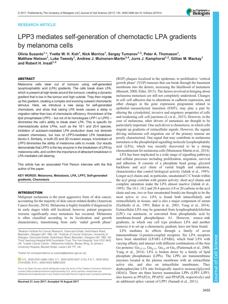 LPP3 Mediates Self-Generation of Chemotactic LPA Gradients by Melanoma ...
