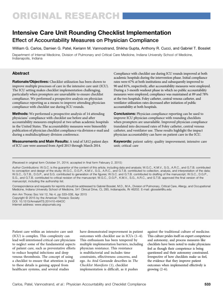 Carlos Et Al 2015 Intensive Care Unit Rounding Checklist Implementation ... Carlos Et Al 2015 Intensive Care Unit Rounding Checklist Implementation ...
