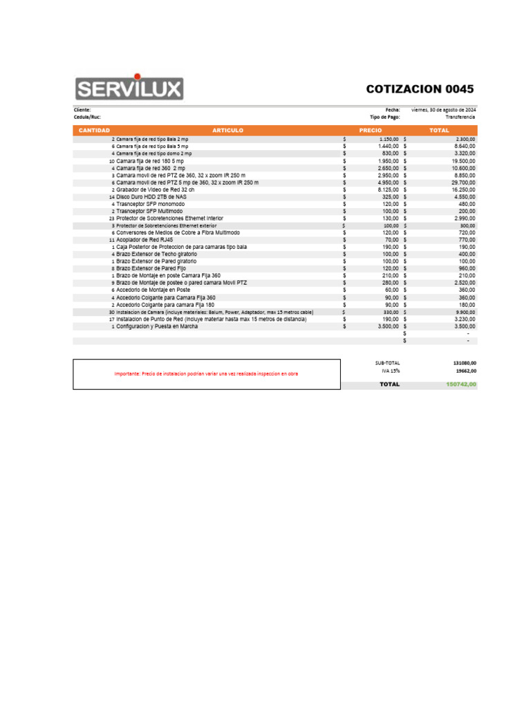 Cotizacion Materiales y Mano de Obra | PDF