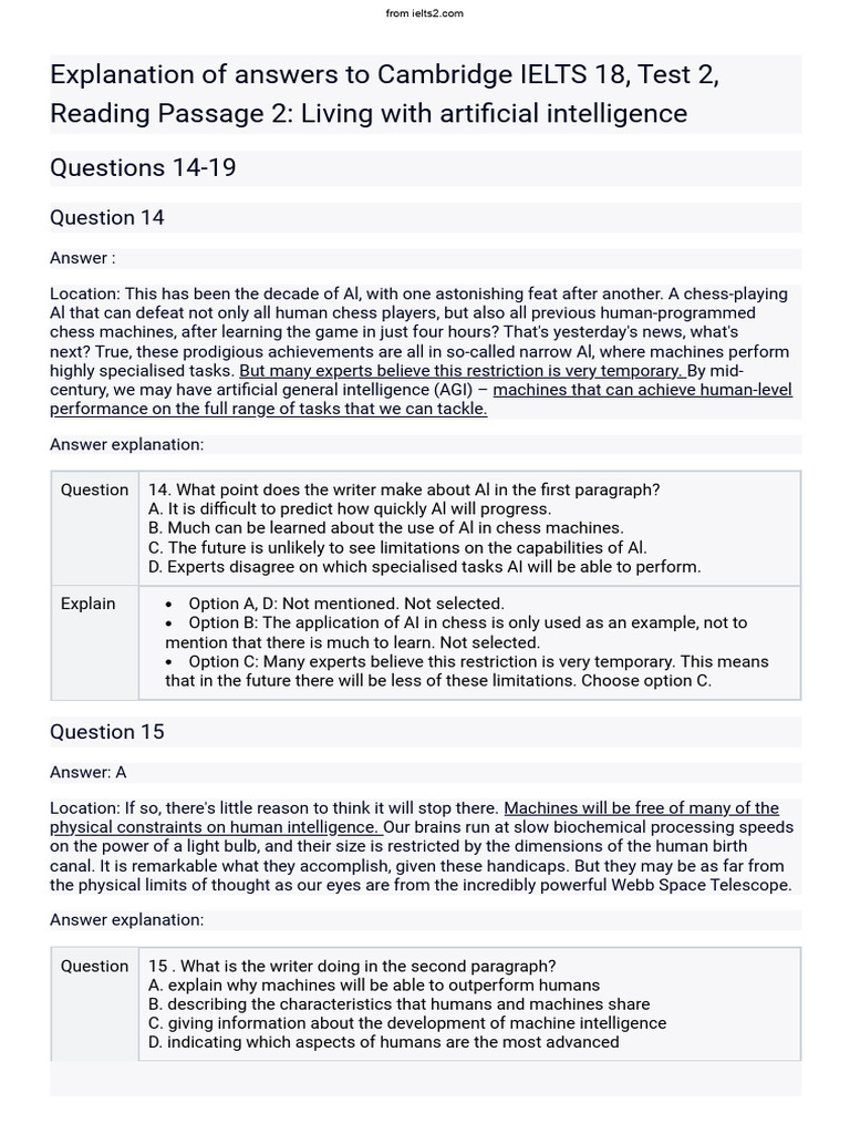 Cambridge 18 Test 2 Reading Answers | PDF | Artificial Intelligence ...