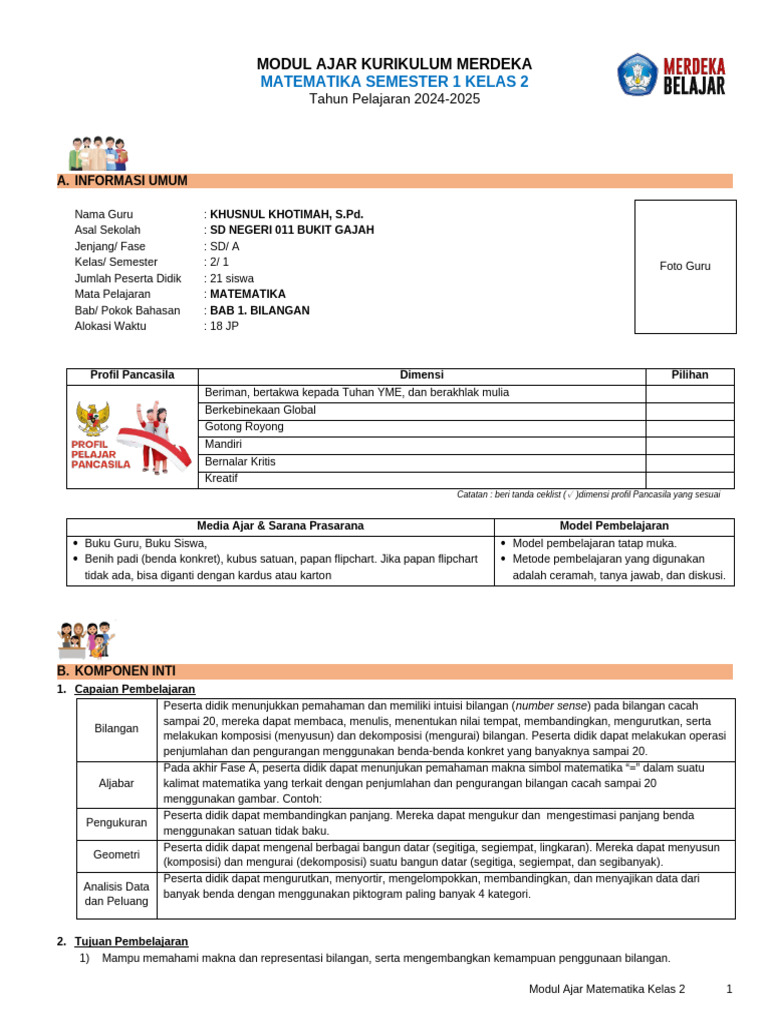 Modul MTK SMTR 1 Kelas 2 (2023) | PDF