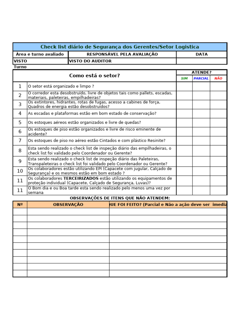 Check List Segurança Gerentes - LOGISTÍCA | PDF