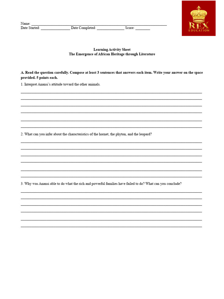 Learning Activity Sheet The Emergence of African Heritage Through ...