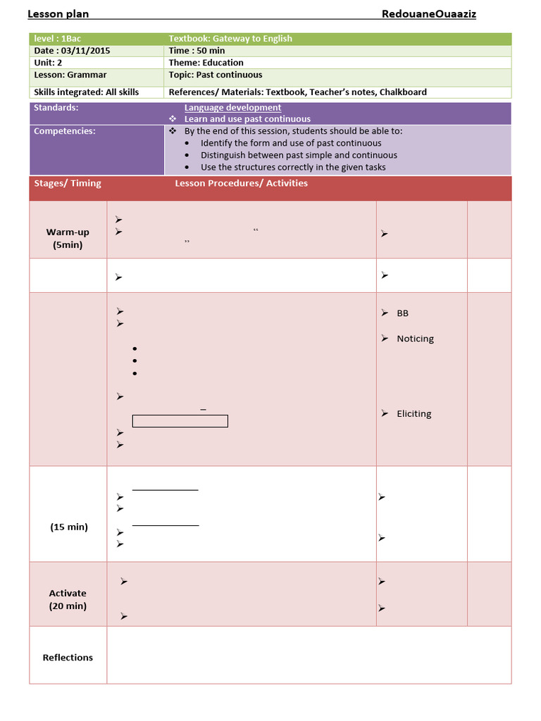 Past Continuous Grammar Lesson Plan | PDF | Cognition | Linguistics