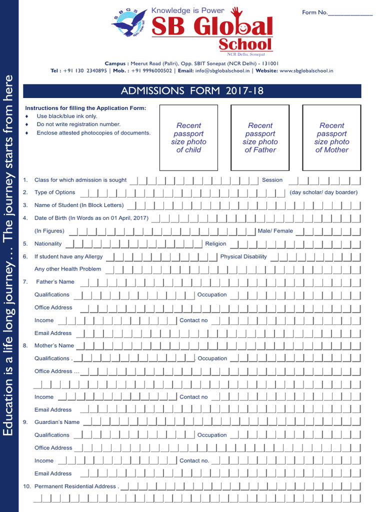 SB Global School Admission Form 2023 | PDF