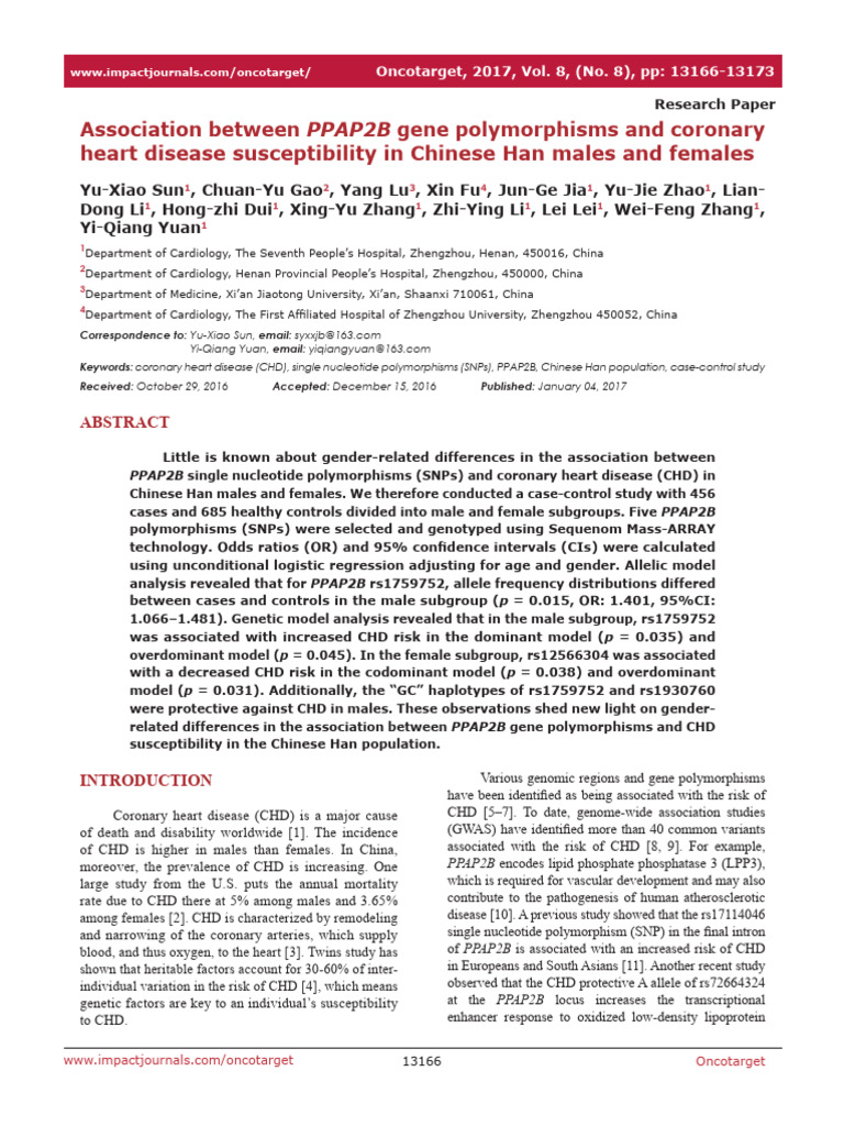 Association Between PPAP2B Gene Polymorphisms and Coronary Heart ...