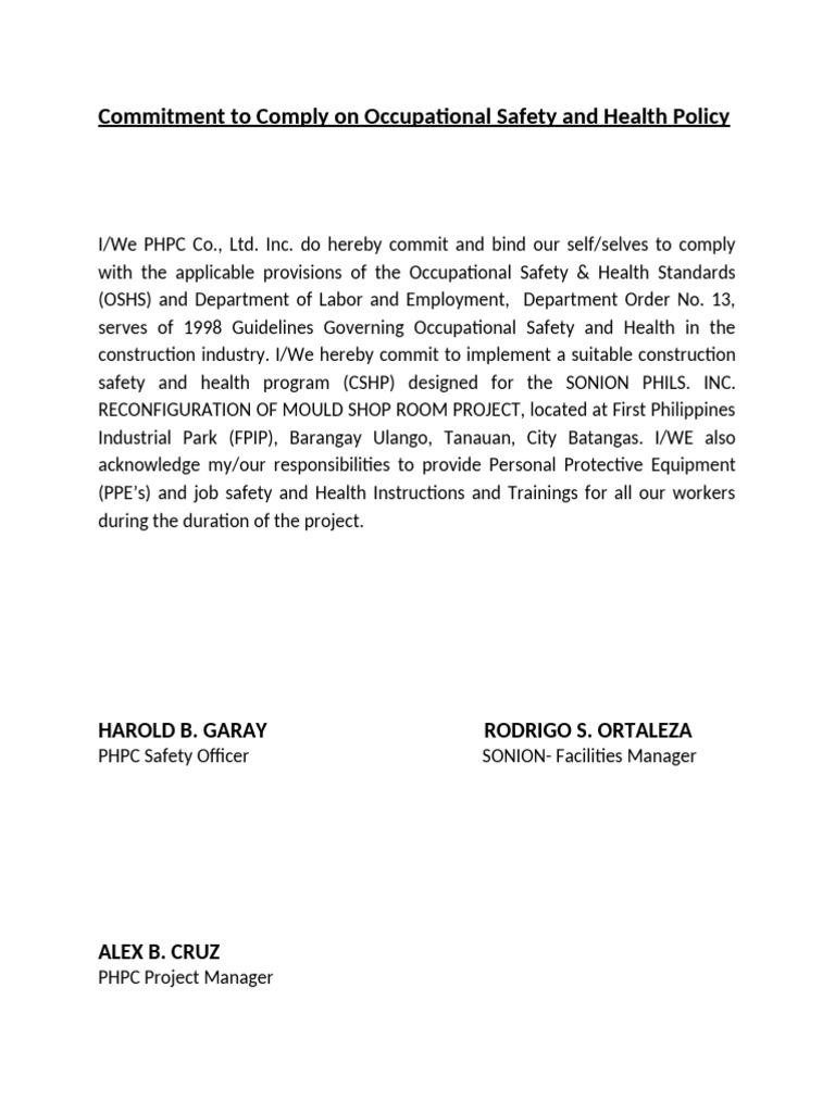 Commitment To Comply On Occupational Safety and Health Policy | PDF