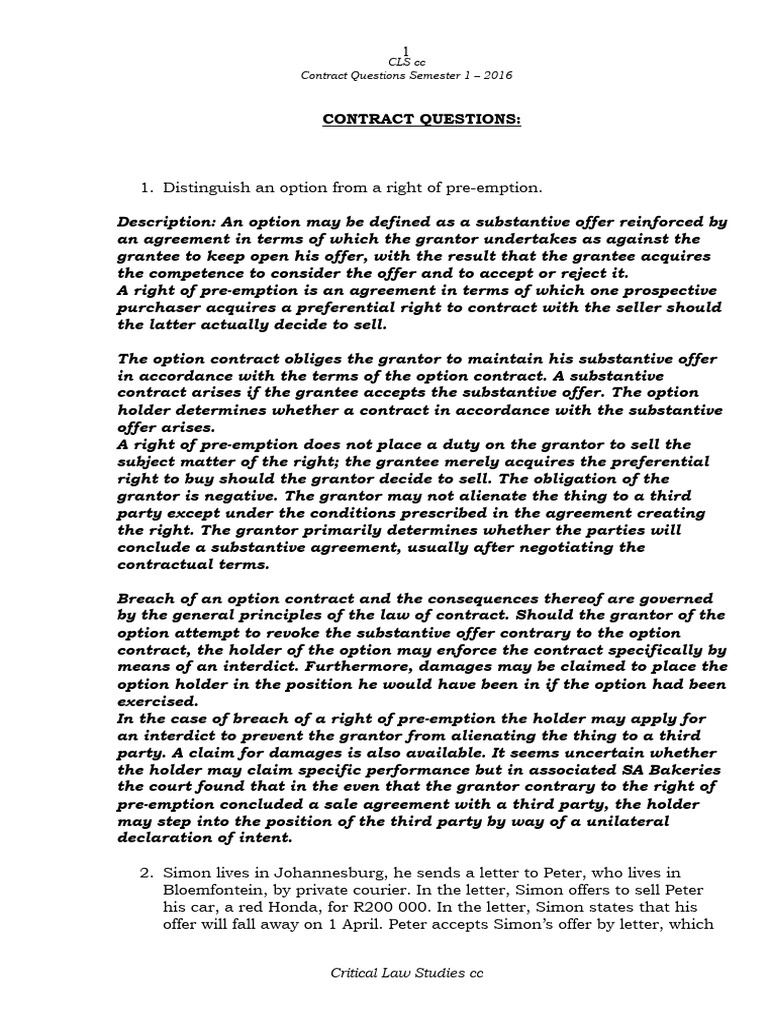 Cls CC Contract Question Pack Sem 1 2016-1 | PDF | Offer And Acceptance | Misrepresentation