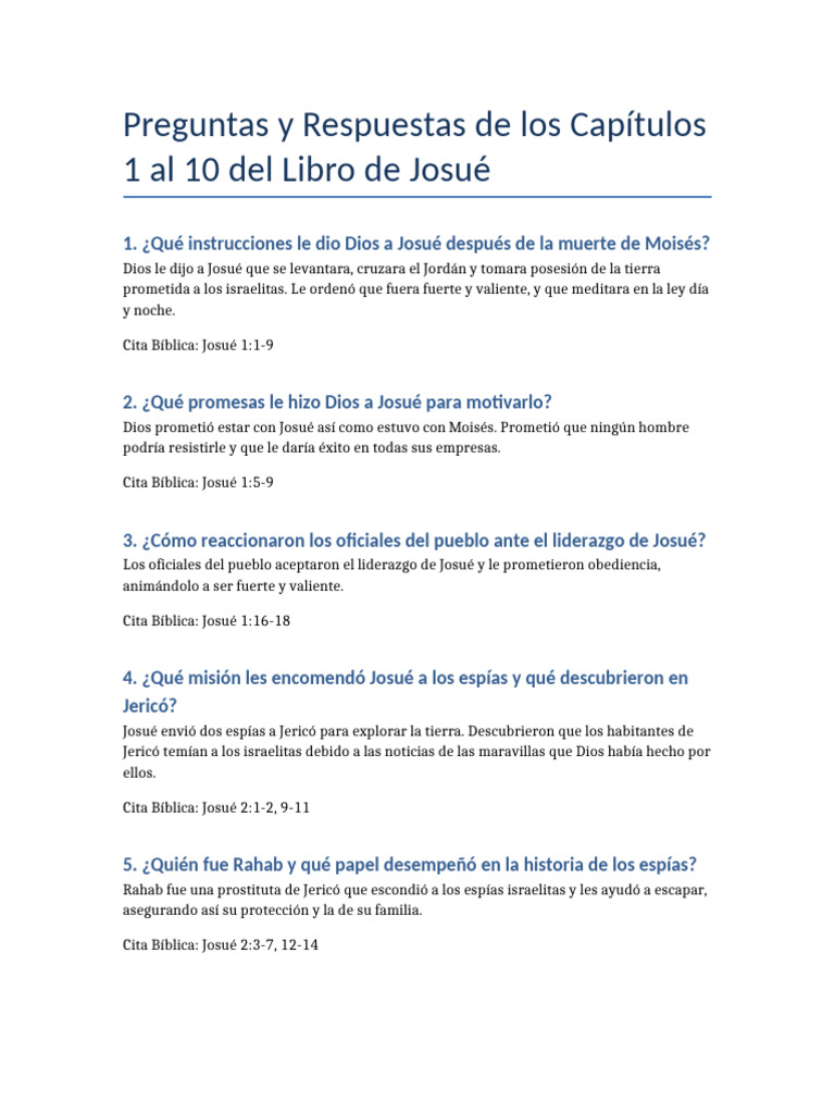 Preguntas y Respuestas de Josué 1-10 | PDF | Joshua