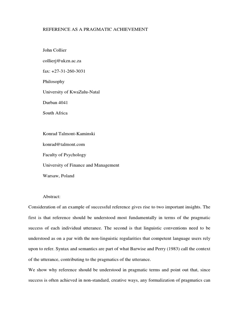 Reference As A Pragmatic Achievement | PDF | Semantics | Pragmatism