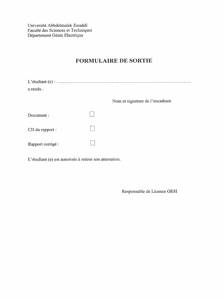 Formulaire de Sortie | PDF