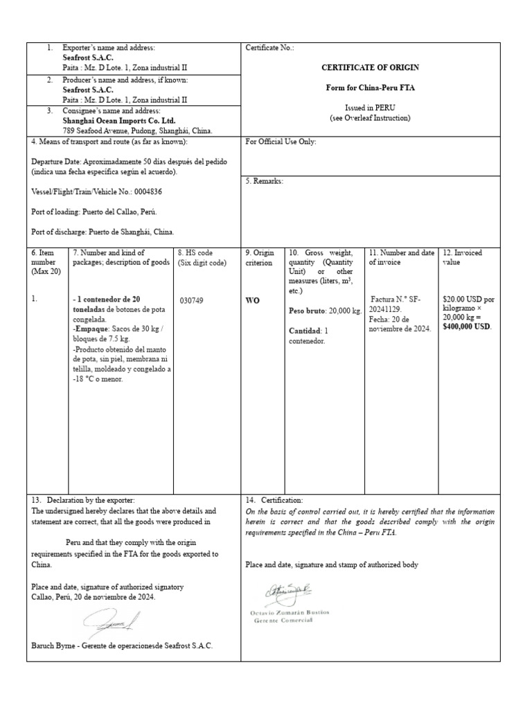 Certificate of Origin for Seafood Export | PDF