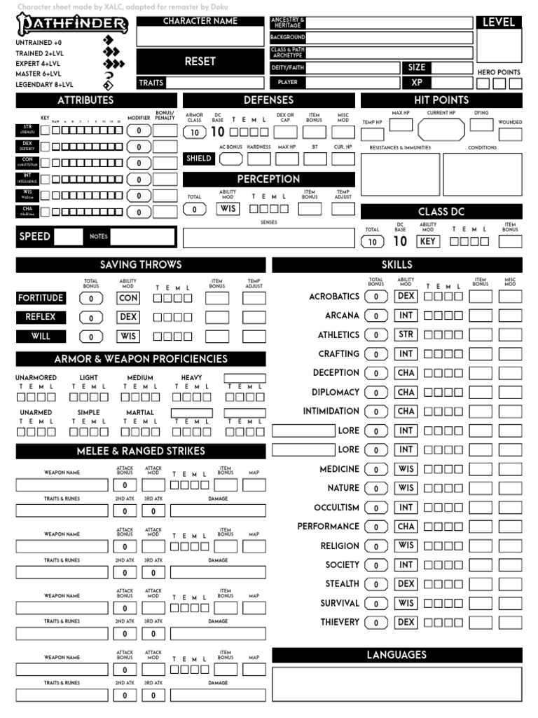 XALC's Expanded PF2 Remaster Version Character Sheet - Form Fillable v2 ...