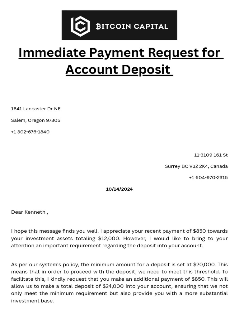 Immediate Deposit Payment Request | PDF
