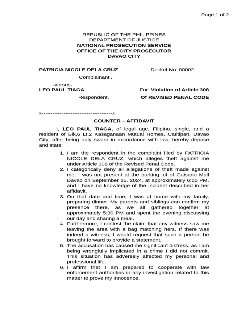 Tiaga Counter Affidavit | PDF | Affidavit | Criminal Justice