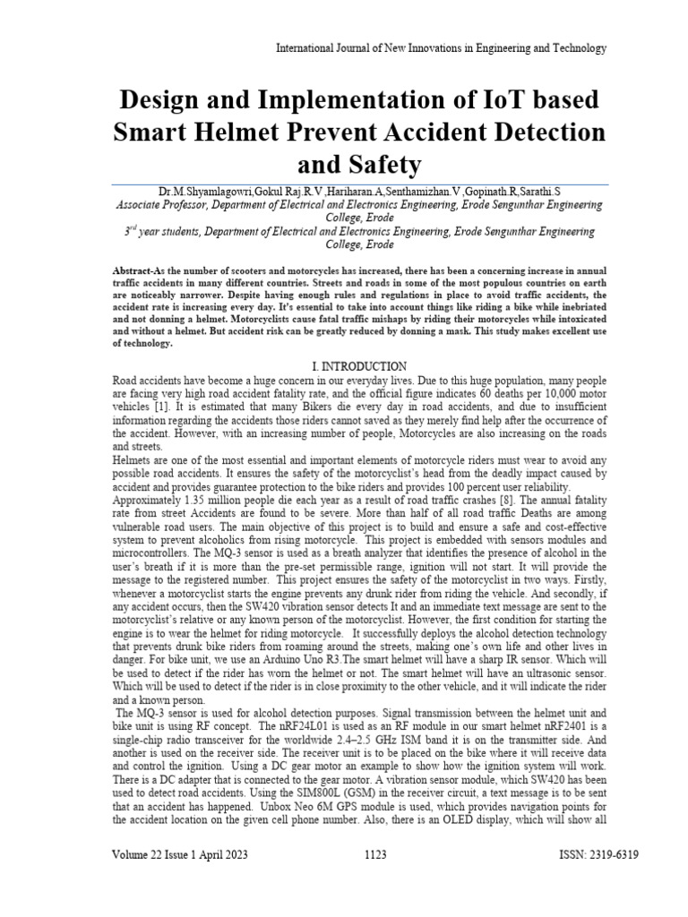 Design and Implementation of Iot Based Smart Helmet Prevent Accident Detection and Safety | PDF ...