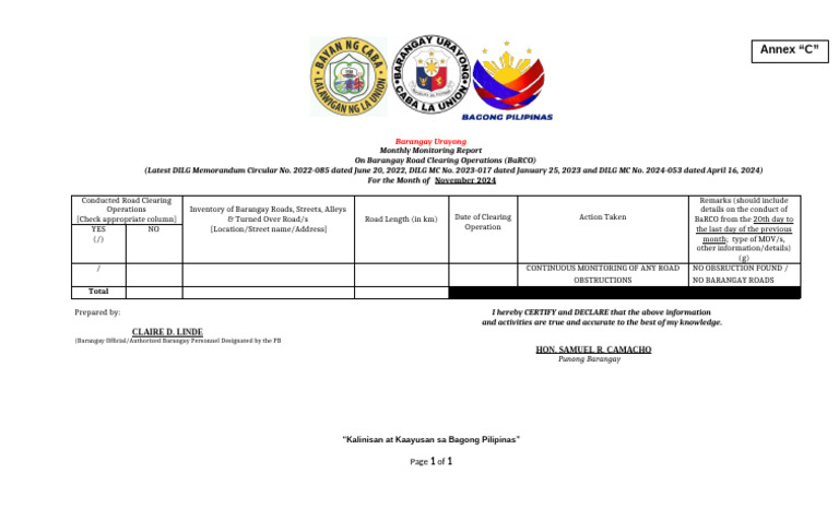 Barangay Urayong Road Clearing Report | PDF