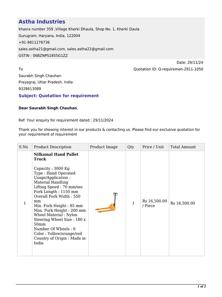 Quotation for Hand Pallet Trucks | PDF | Land Vehicles | Motor Vehicle